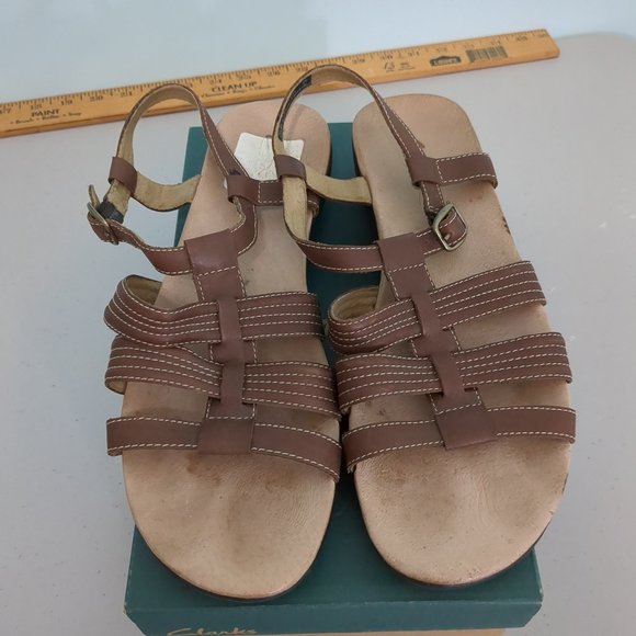 Clarks | Shoes | Clarks Beige Tan Leather Strappy Sandals Womens Size ...
